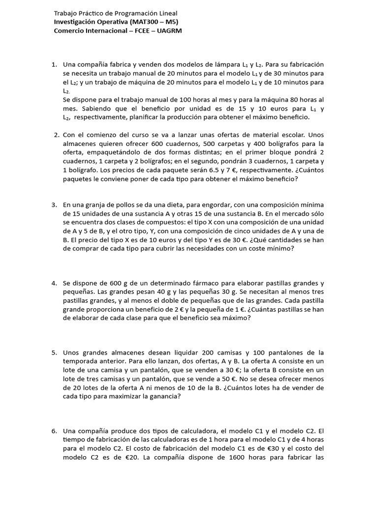 Ejercicios Progra Lineal Operativa | PDF