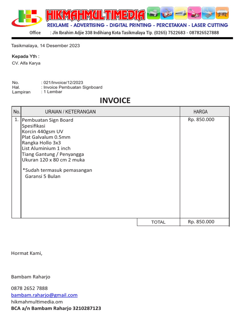 Invoice Signboard 120x80 CV Alfa Karya | PDF