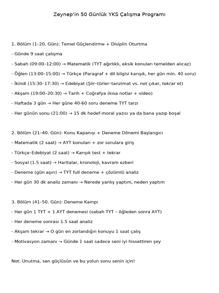 Zeynep YKS 50 Gunluk Program-1 | PDF