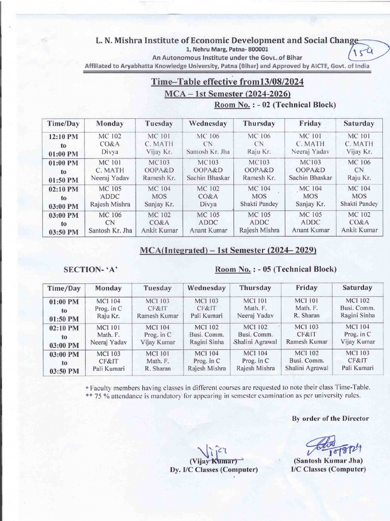 Theory Classes Time Table of MCA BCAMCA Integrated 1st Semester August ...