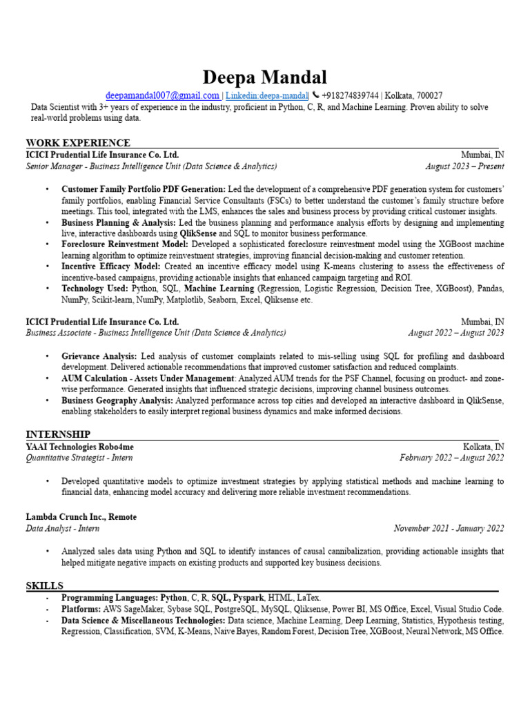 Deepa Mandal Resume Final | PDF | Data Science | Machine Learning