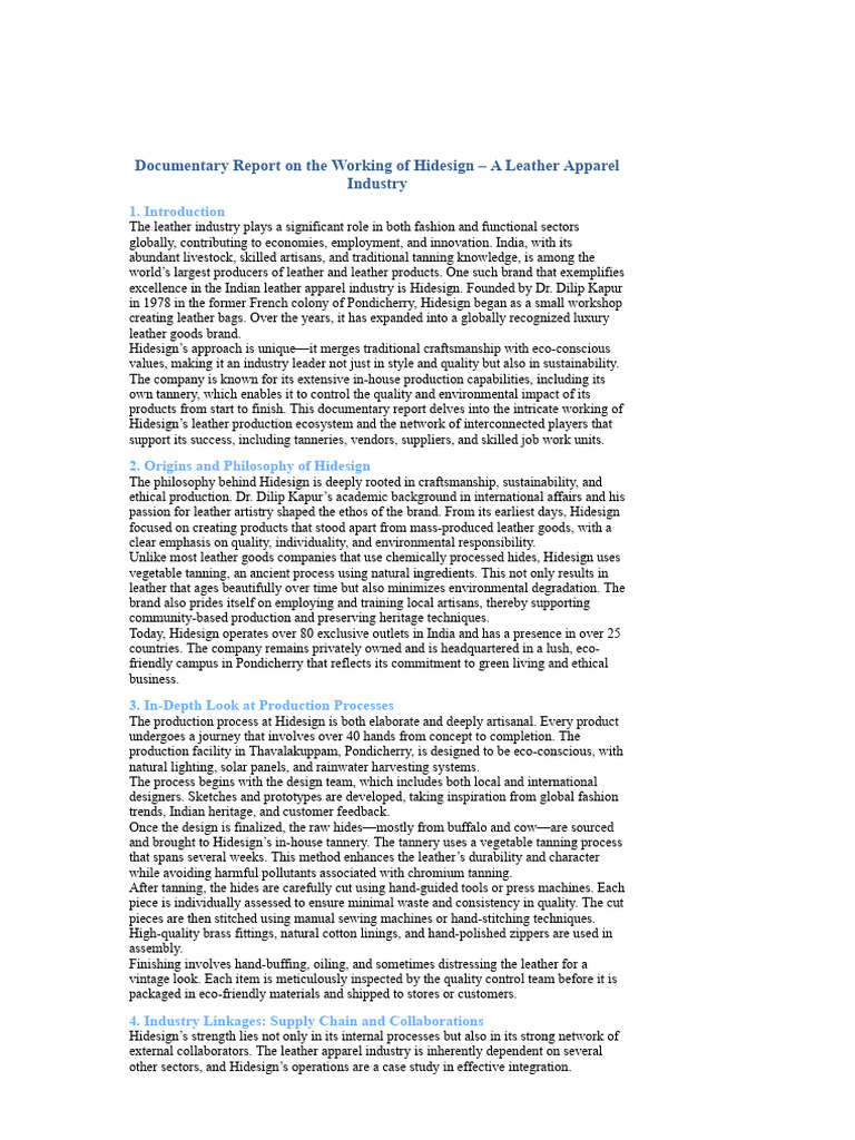 Hidesign Extended Documentary Report | PDF | Supply Chain | Leather