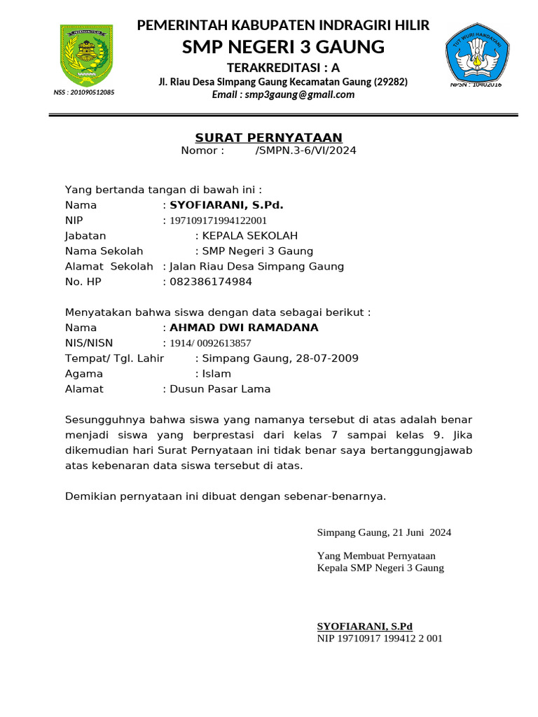 Surat Pernyataan Prestasi | PDF