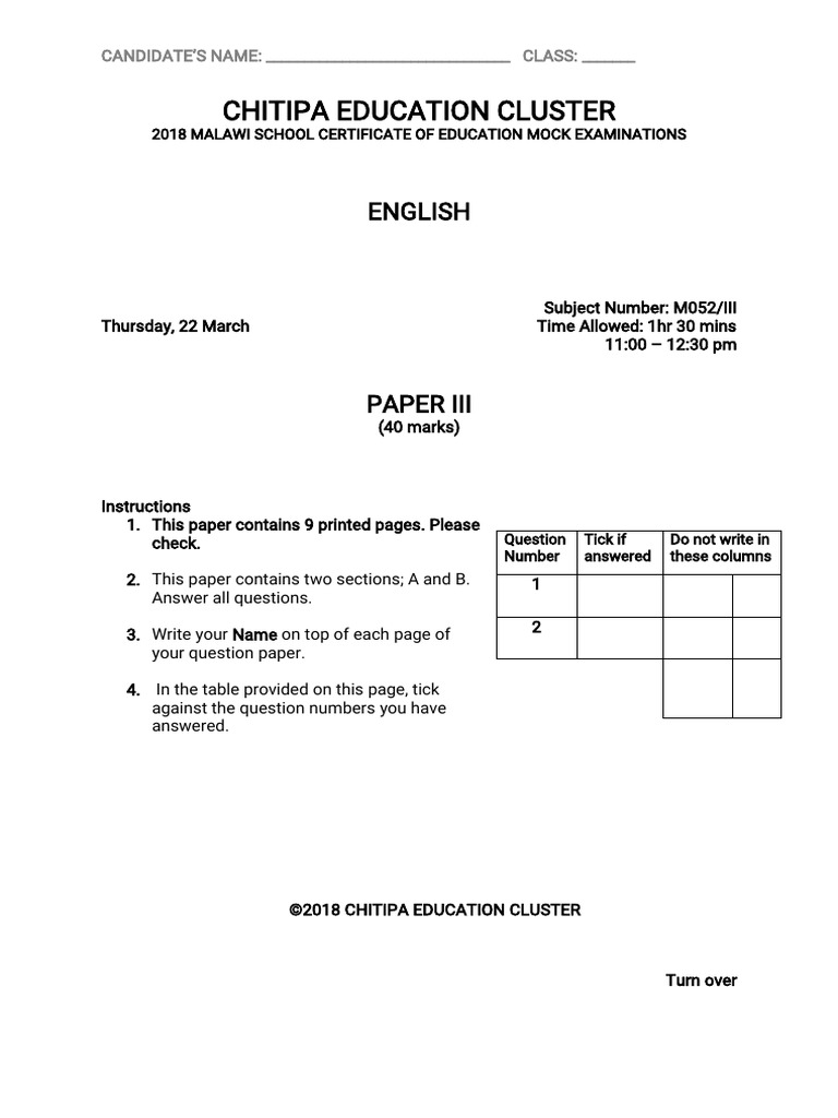 2018 Cluster Mock - English III | PDF