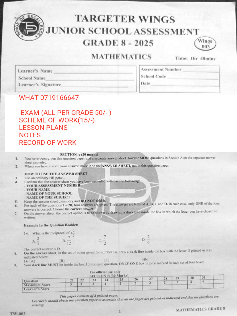 Grade 8 003 Targeter Grade All Subjects With Marking Scheme01 - Sign | PDF