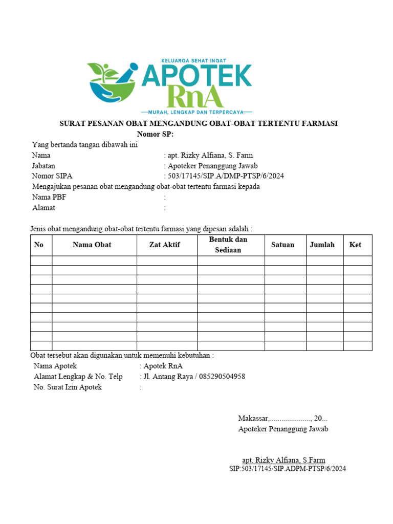 Surat Pesanan Oot Apotek Rna | PDF