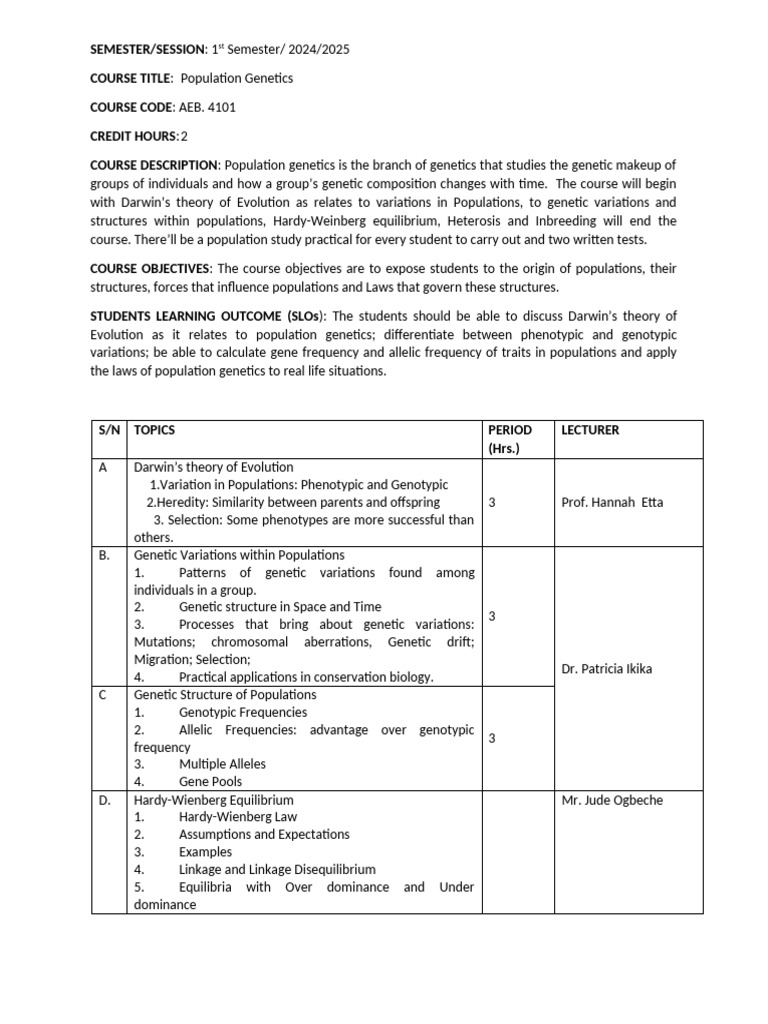 Population Gen Outline 2024.25 | PDF | Dominance (Genetics) | Genotype