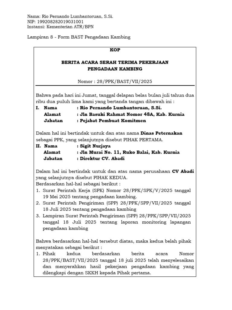 Revisi - Rio Pernando - Lampiran 7 - Form BAST Pengadaan Kambing | PDF
