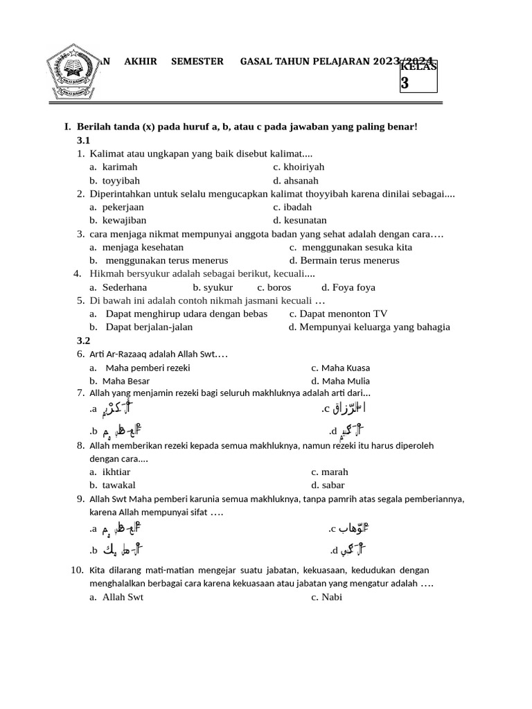 Soal PAS Akidah Akhlak Kelas III MI | PDF