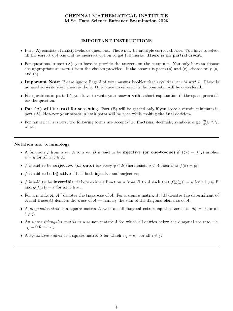 CMI 2025 MSC Data Science Draft Solutions | PDF | Matrix (Mathematics) | Function (Mathematics)
