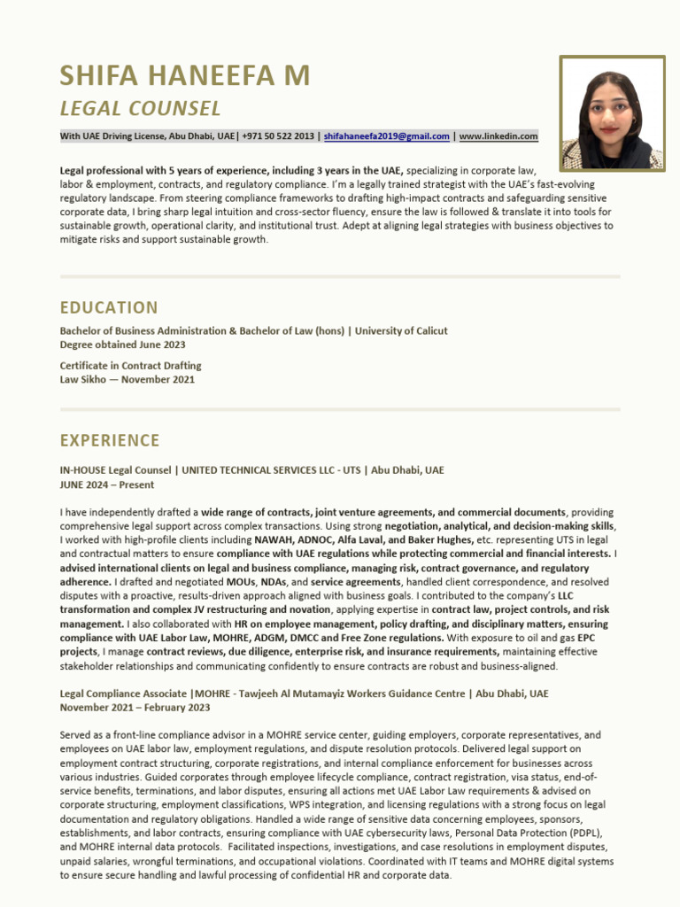 Shifa Haneefa Legal 2025 | PDF | Employment | Regulatory Compliance