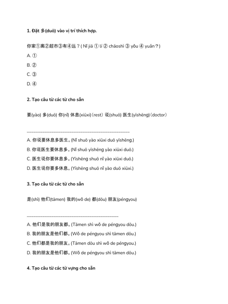 Bài Tập Luyện Ngữ Pháp Hsk2. | PDF