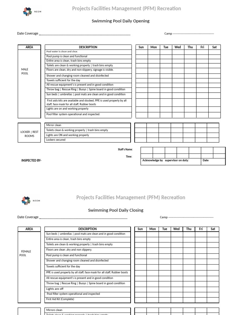 Swimming Pool Daily Inspection Checklist | PDF