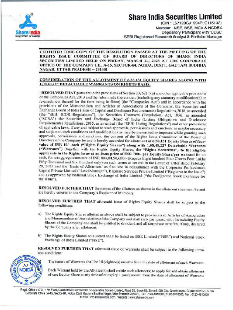 Share India Rights Issue Resolution 2023 | PDF | Securities (Finance ...