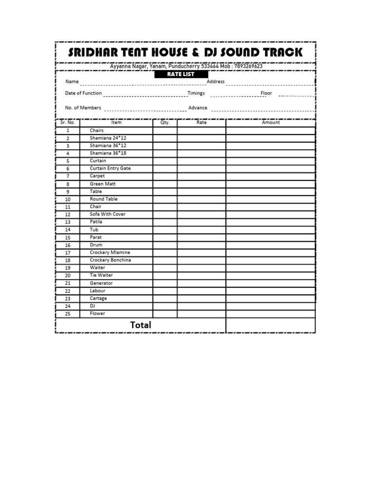 Tent Bill and Rate List Summary | PDF