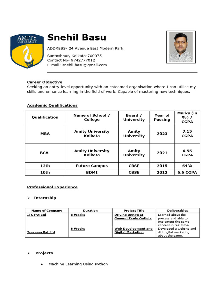 A91801921059 - Snehil Basu Curricular Vitar From Amity | PDF | Computing | Software Engineering
