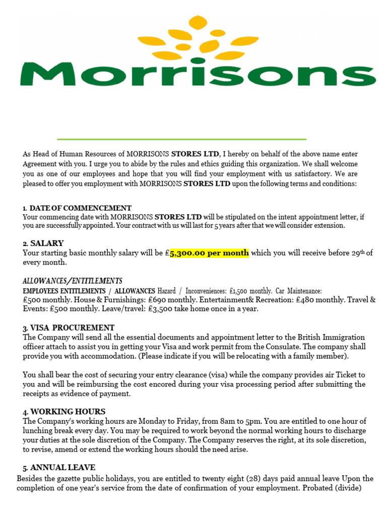 WM Morrisons Store Agreement Letter | PDF | Sick Leave | Employment