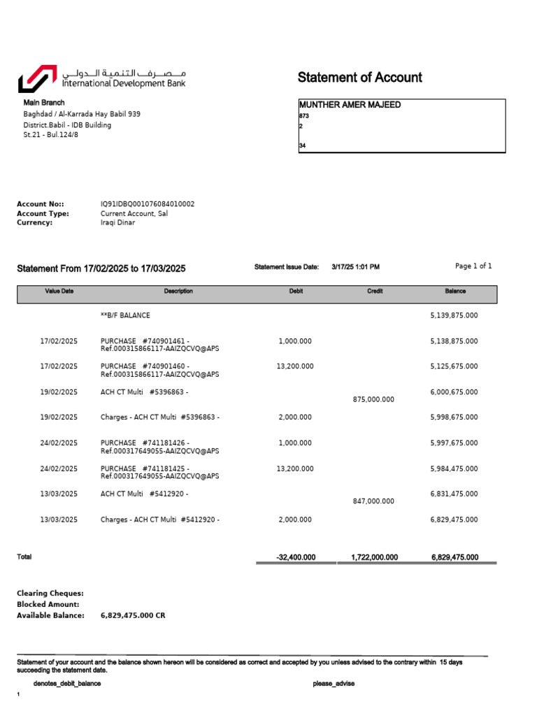 Baghdad Current Account Statement 2025 | PDF | Accounting | Service ...