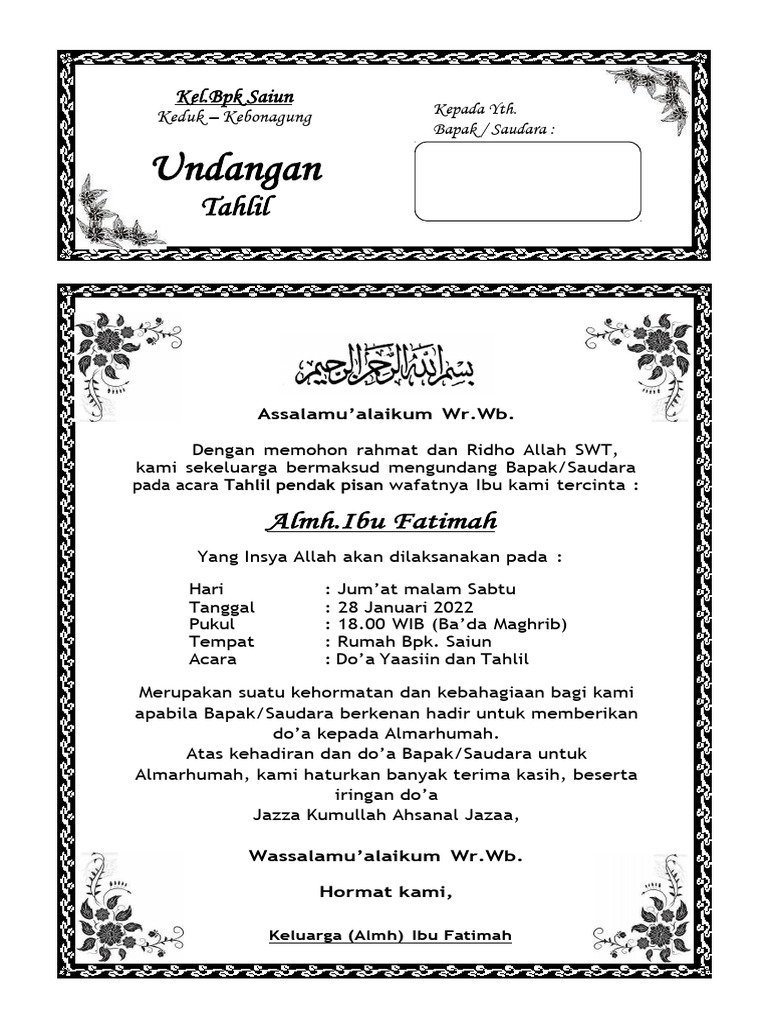 Undangan Tahlil Pendak Pisan | PDF