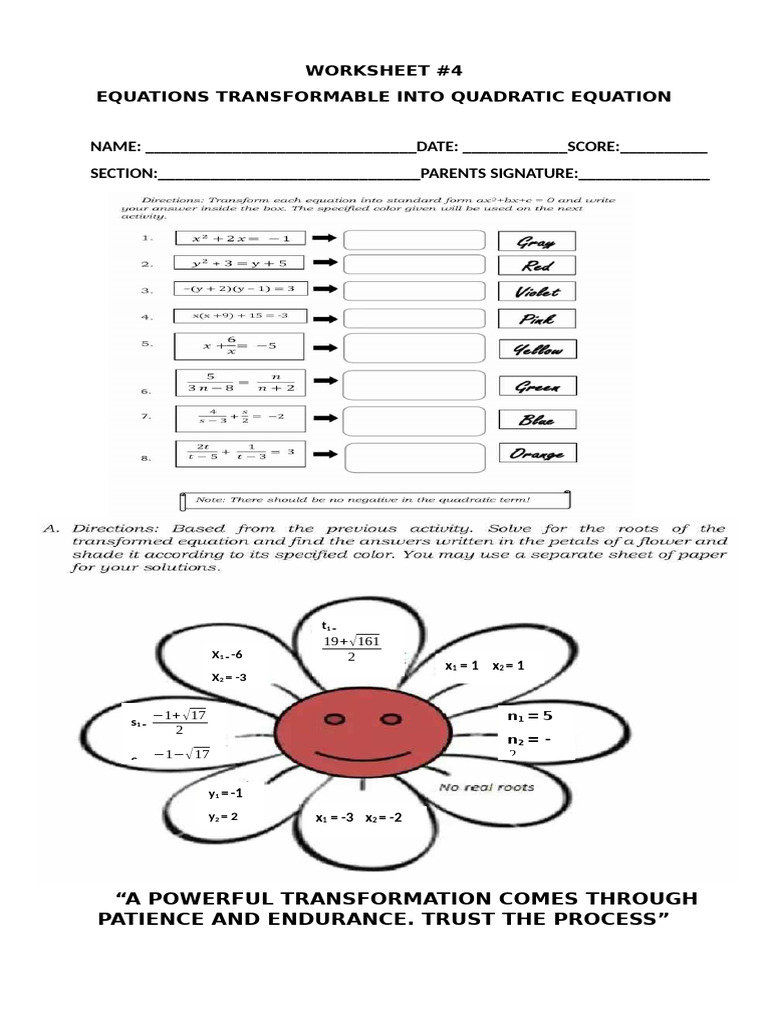 Worksheet-4-Transformable Into Quadratic Equation | PDF