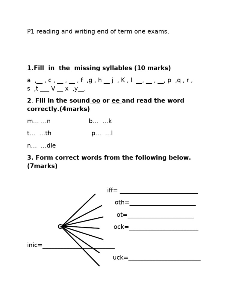 P1 Reading and Writing End of Term One Exams | PDF