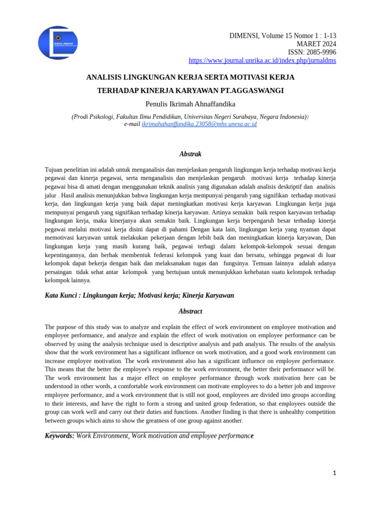 Ikrimah Ahnaffandika - 2023C - Artikel Analisis Lingkungan Kerja Dan Motivasi Kerja | PDF