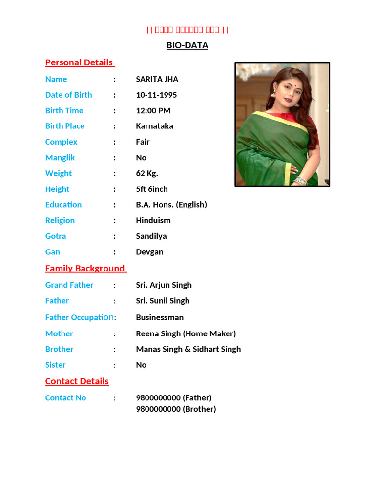 Format 2 BASIC Marriage Biodata For Girls | PDF