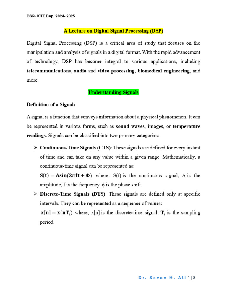 A DSP SYSTEM, First Lecture THeory | PDF | Digital Signal Processing | Sampling (Signal Processing)