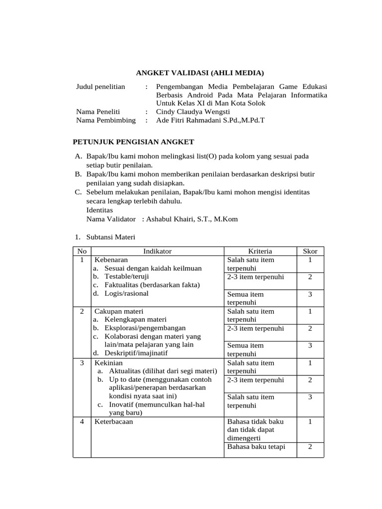 Angket Validasi Media | PDF