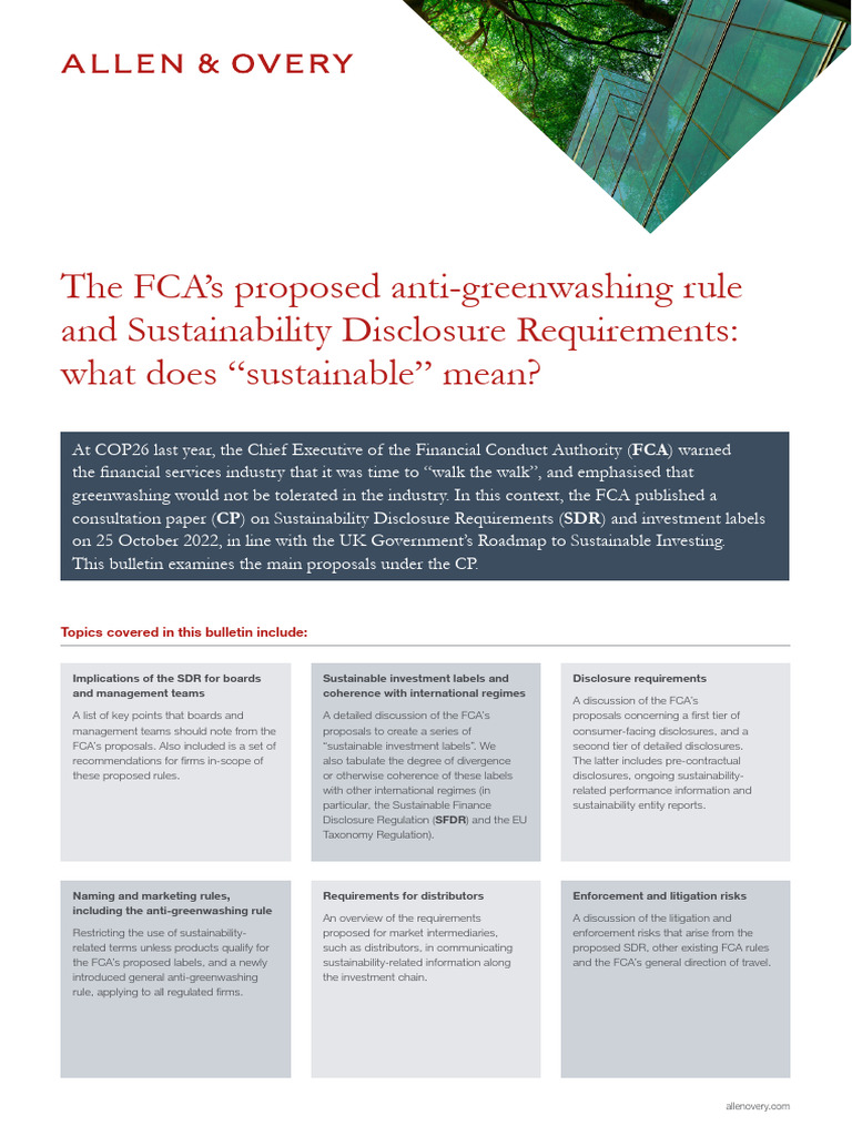 The Fca s Proposed Antigreenwashing and Sustainable Disclosure Requirements | PDF ...
