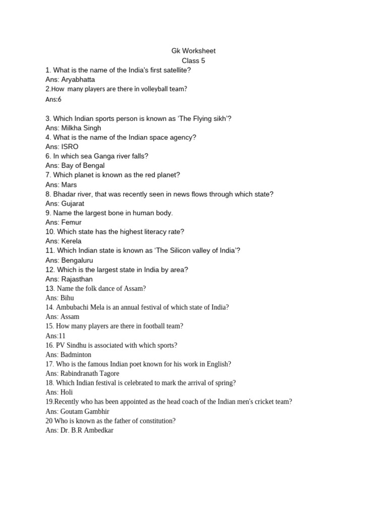 Class 5 GK Questions and Answers | PDF