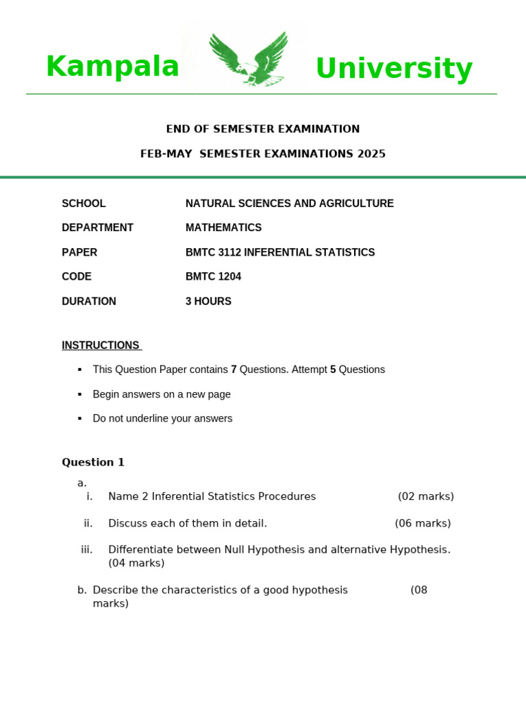 BMTC 3112 Inferential Statistics Exam | PDF | Estimator | Statistics