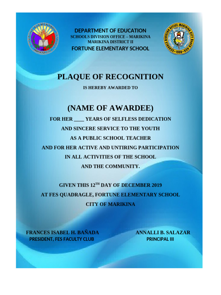 Plaque of Recognition | PDF