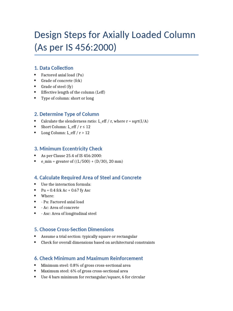 Design Steps Axially Loaded Column IS456 2000 | PDF