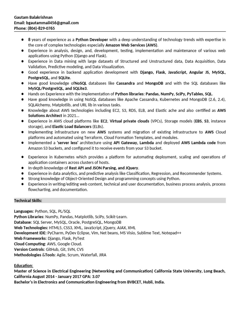 Gautam Balakrishnan Python Developer | PDF | Databases | Python (Programming Language)