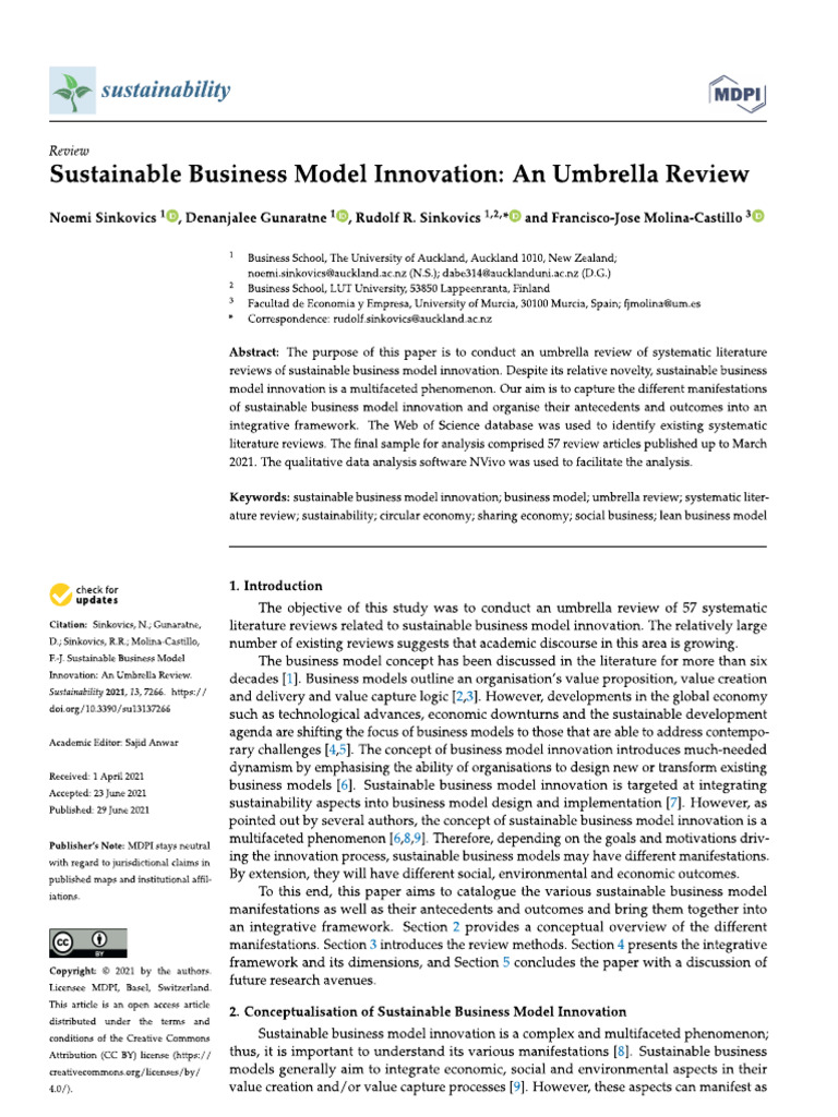 Sustainable Business Model Innovation An Umbrella Review | PDF