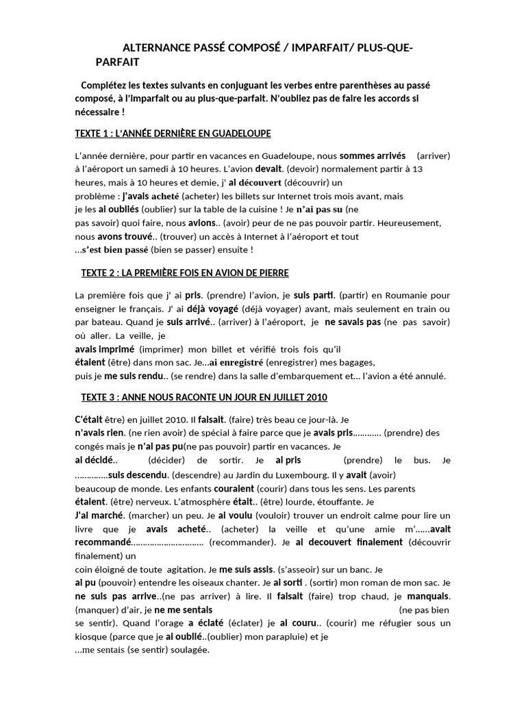Exercices Au Passe Compose Imparfait Plus Que Parfait Pages | PDF