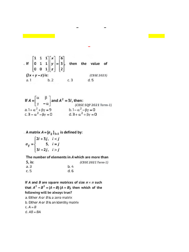 Class 12 Matrices Unit Test Paper | PDF