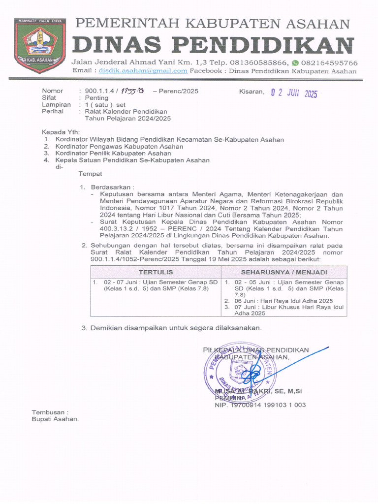 Surat Ralat Ralat Kalender Pendidikan TP. 2024-2025 | PDF