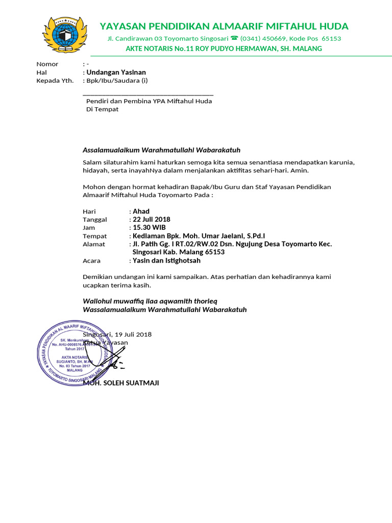 Undangan Yasinan Yayasan Almaarif | PDF