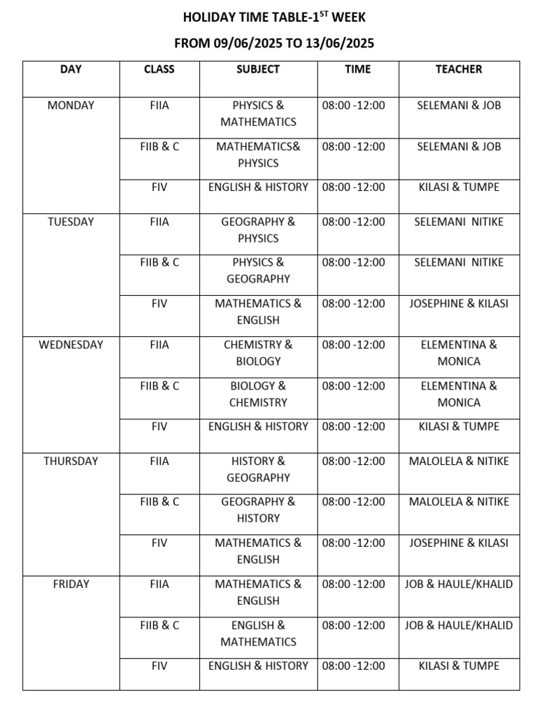 Ratiba Ya Masomo - Likizo | PDF