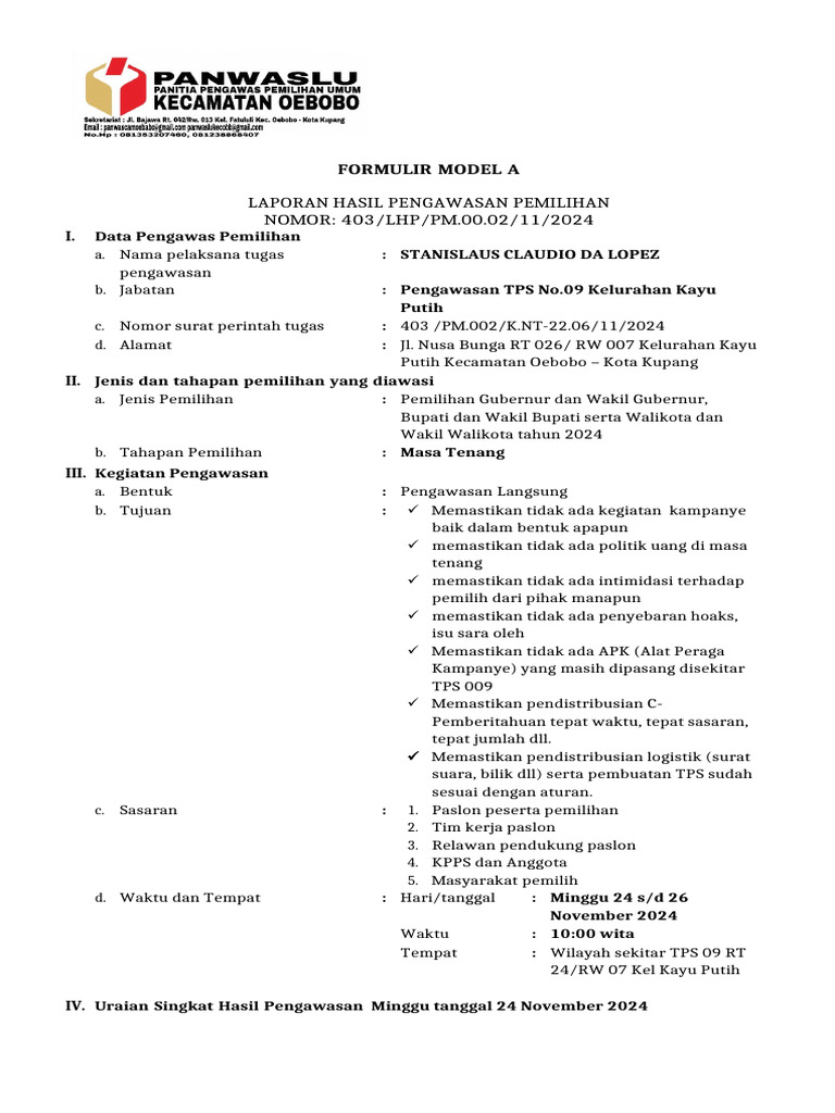 Laporan Kerja Pada Tgl. 24 Sampai Dengan 26 November 2024 Di Lokasi TPS 09 Kayu Putih | PDF