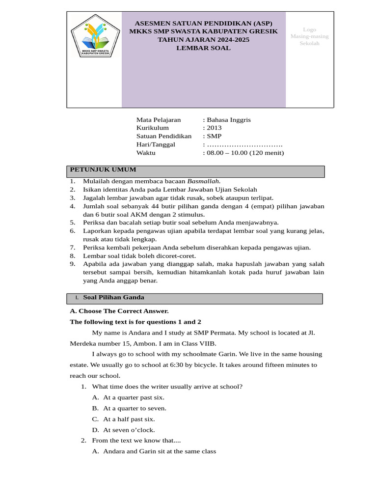 Soal Bing K-13 Asp 2024-2025 | PDF | Water Vapor | Atmosphere Of Earth