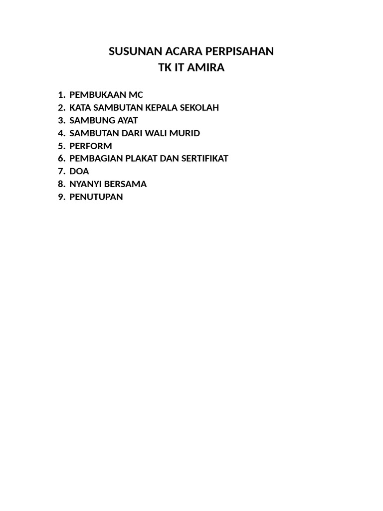 Susunan Acara Perpisahan TK IT Amira | PDF