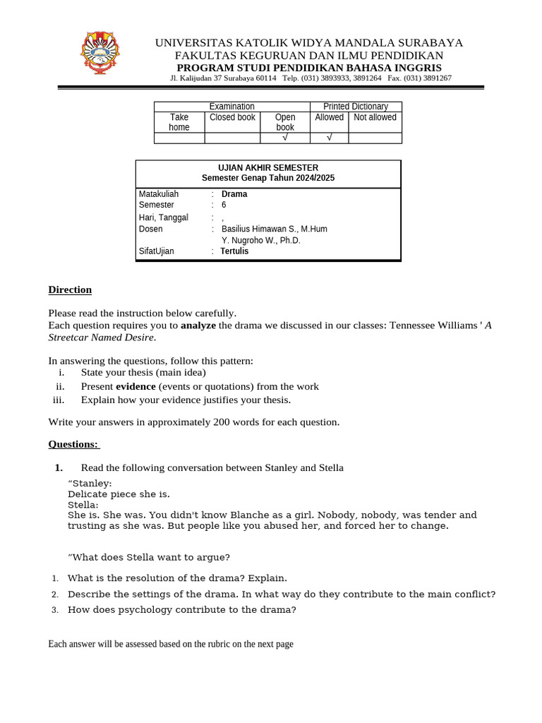 Drama Exam: A Streetcar Named Desire | PDF | Human Communication ...