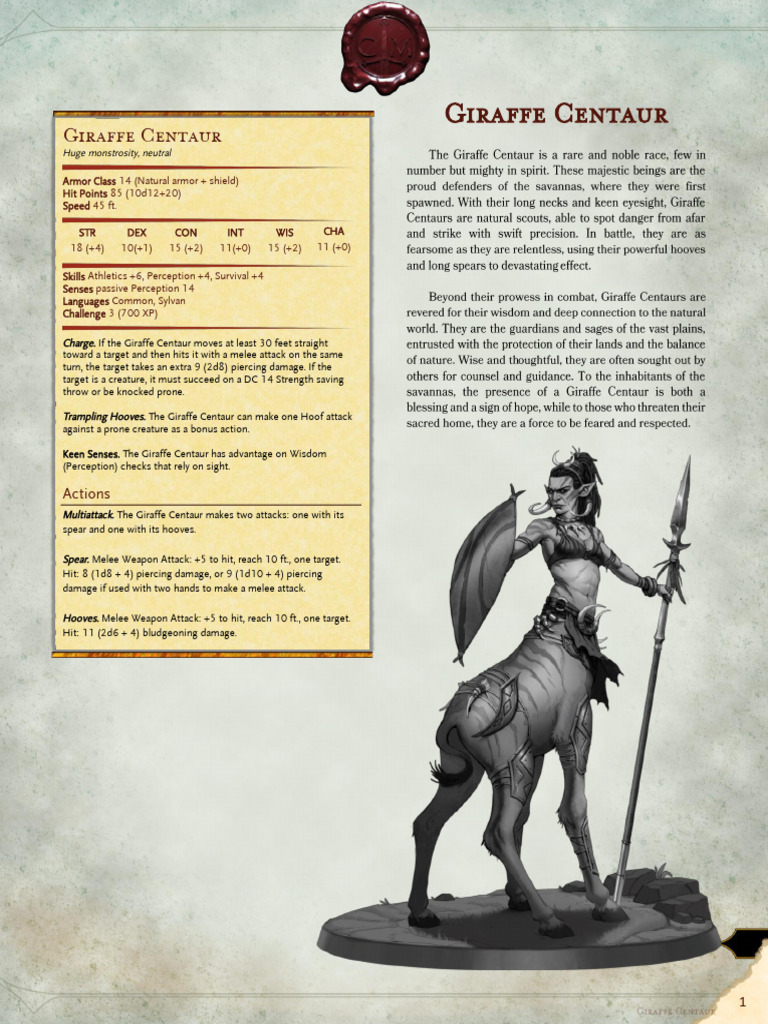 DND 5e monster statblock - Giraffe Centaur | PDF