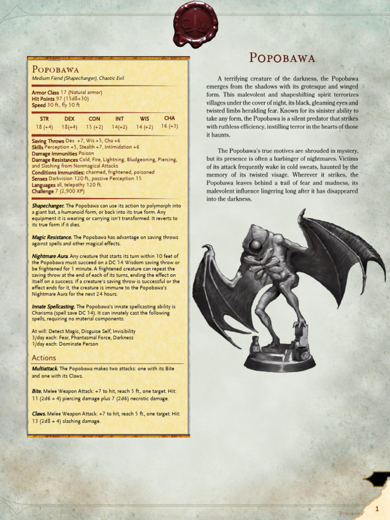 DND 5e Monster Statblock - Popobawa | PDF
