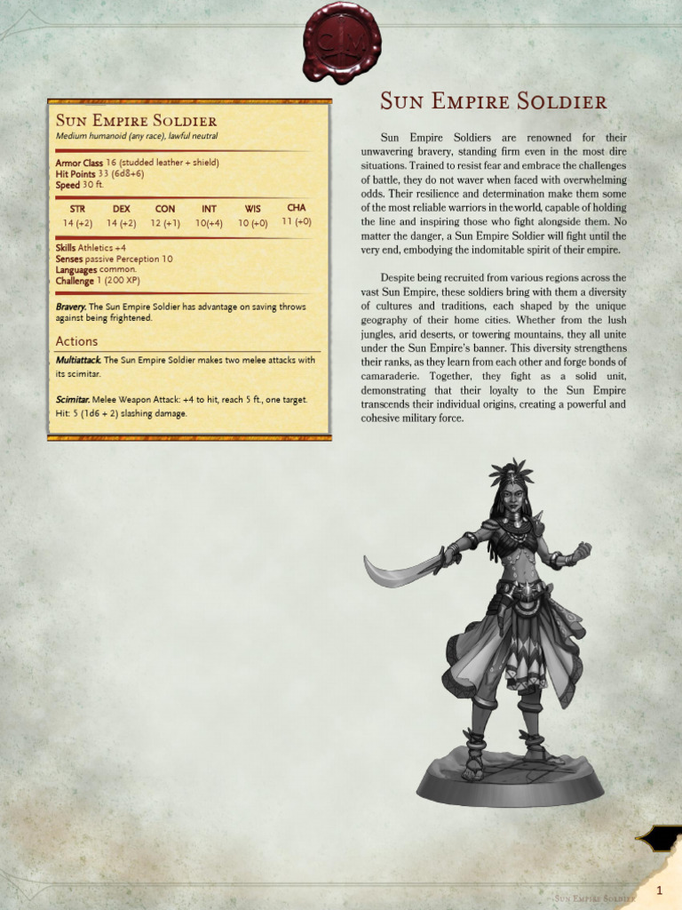 DND 5e Monster Statblock - Sun Empire Soldier | PDF