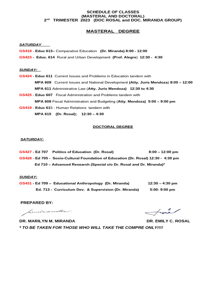 2nd Sem 2023 1ST TRIM SCHEDULE OF CLASSES DR. ROSAL AND DR. MIRANDA ...
