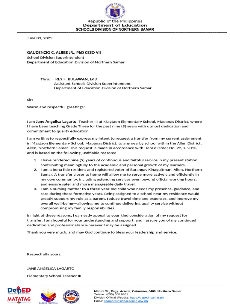 Teacher Transfer Request in Northern Samar | PDF